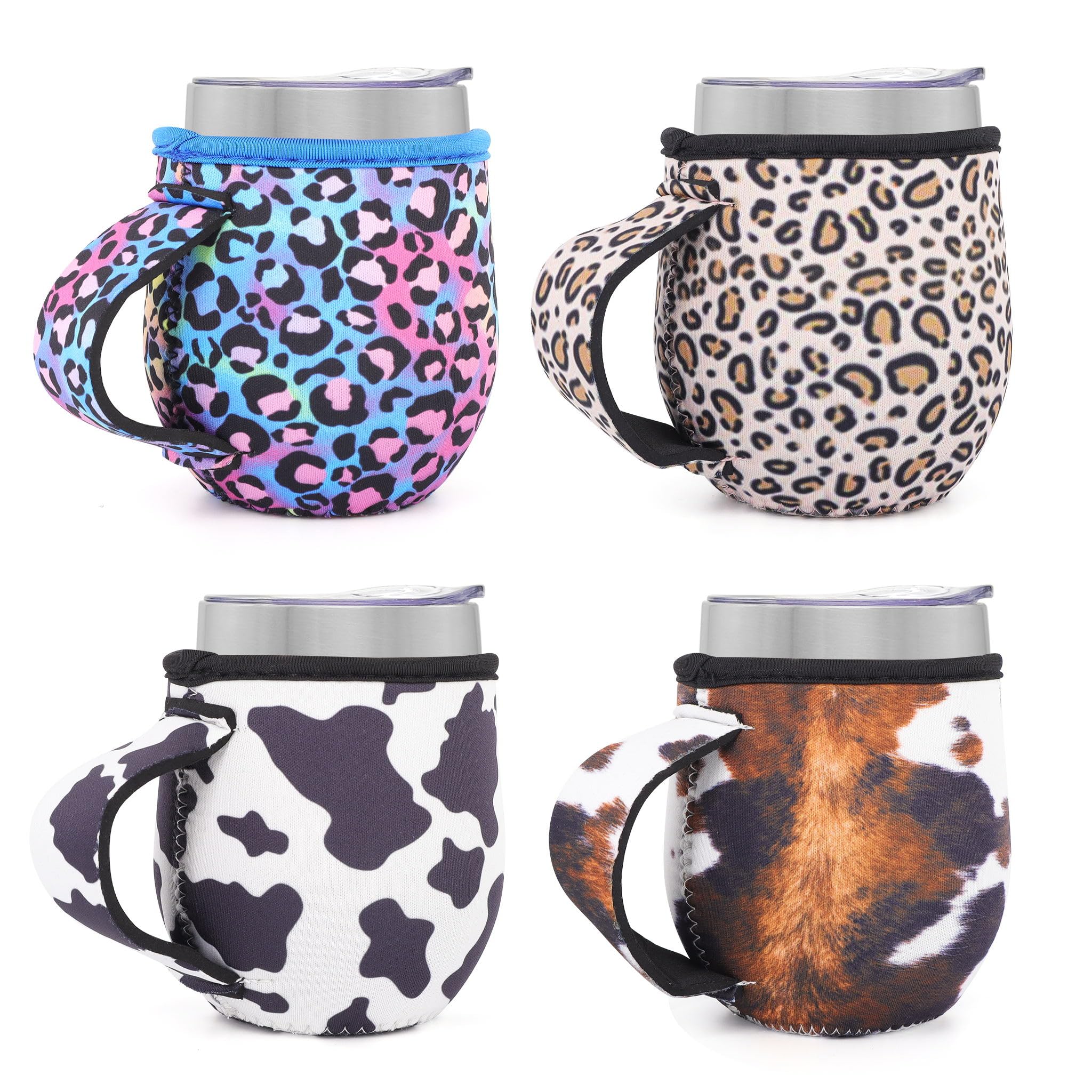 4Pack Reusable Neoprene Insulated Sleeves With Handle For 12oz Stemless Wine Glass, 16oz Regular Mouth Pint Mason Jars (Flower)