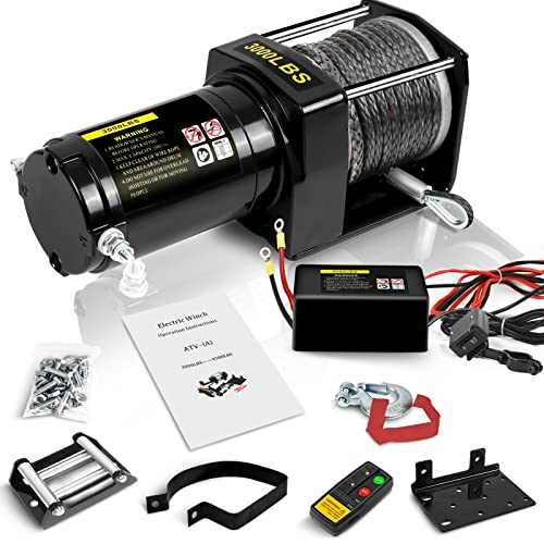 ATV Winch 3000LB, 12V DC Electric Winch with 50Ft Synthetic Rope, Wireless Remote Control, Roller Fairlead, Waterproof Winch Set for ATV UTV Towing Truck