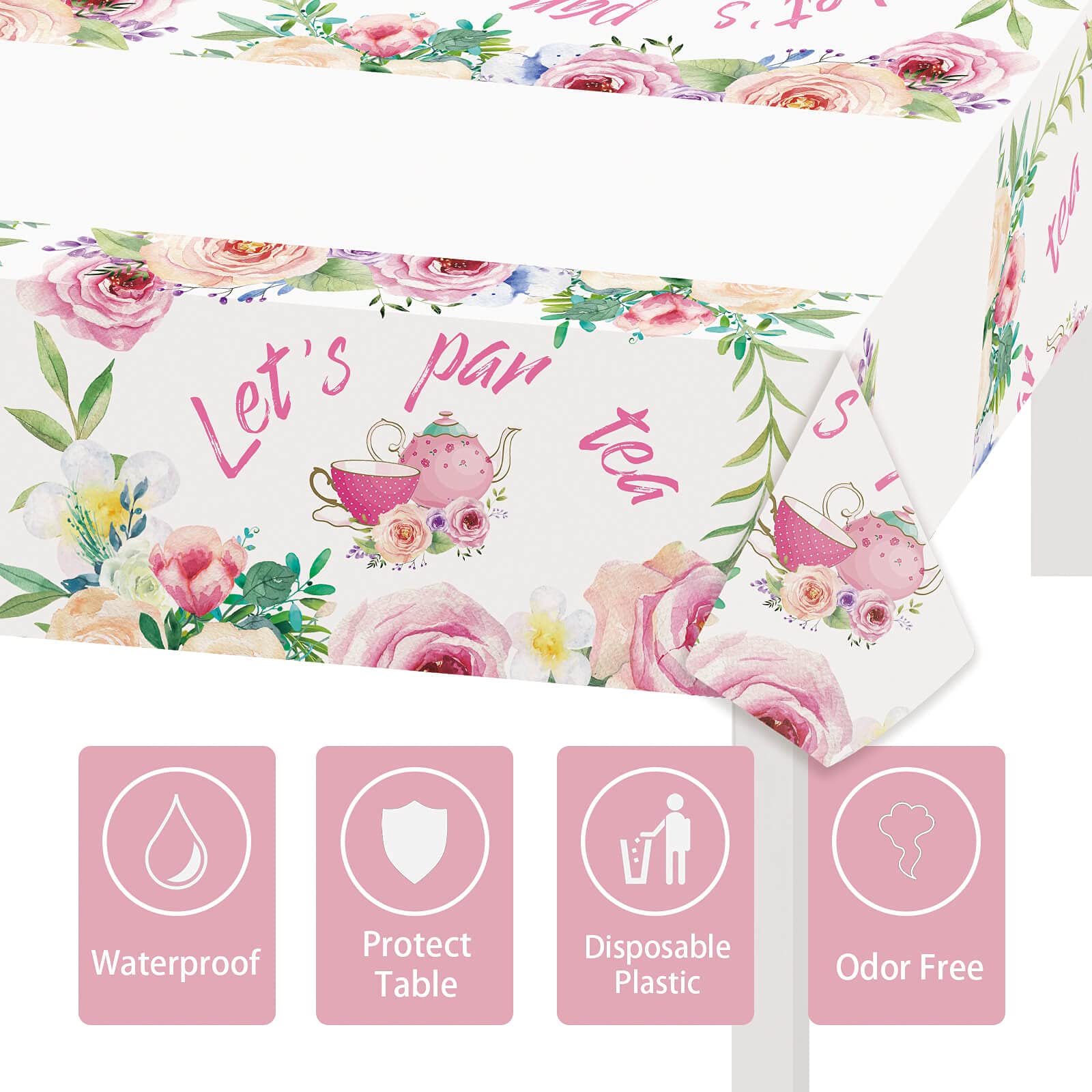 3PCS Let's Par Tea Tablecloth 42.6" x 70.8" Tea Time Party Table Covers High Tea/Floral Tea/Teapot Teacups/Par Tea Themed Bridal Shower Engagement Bachelorette Party Supplies Decorations Photo Prop