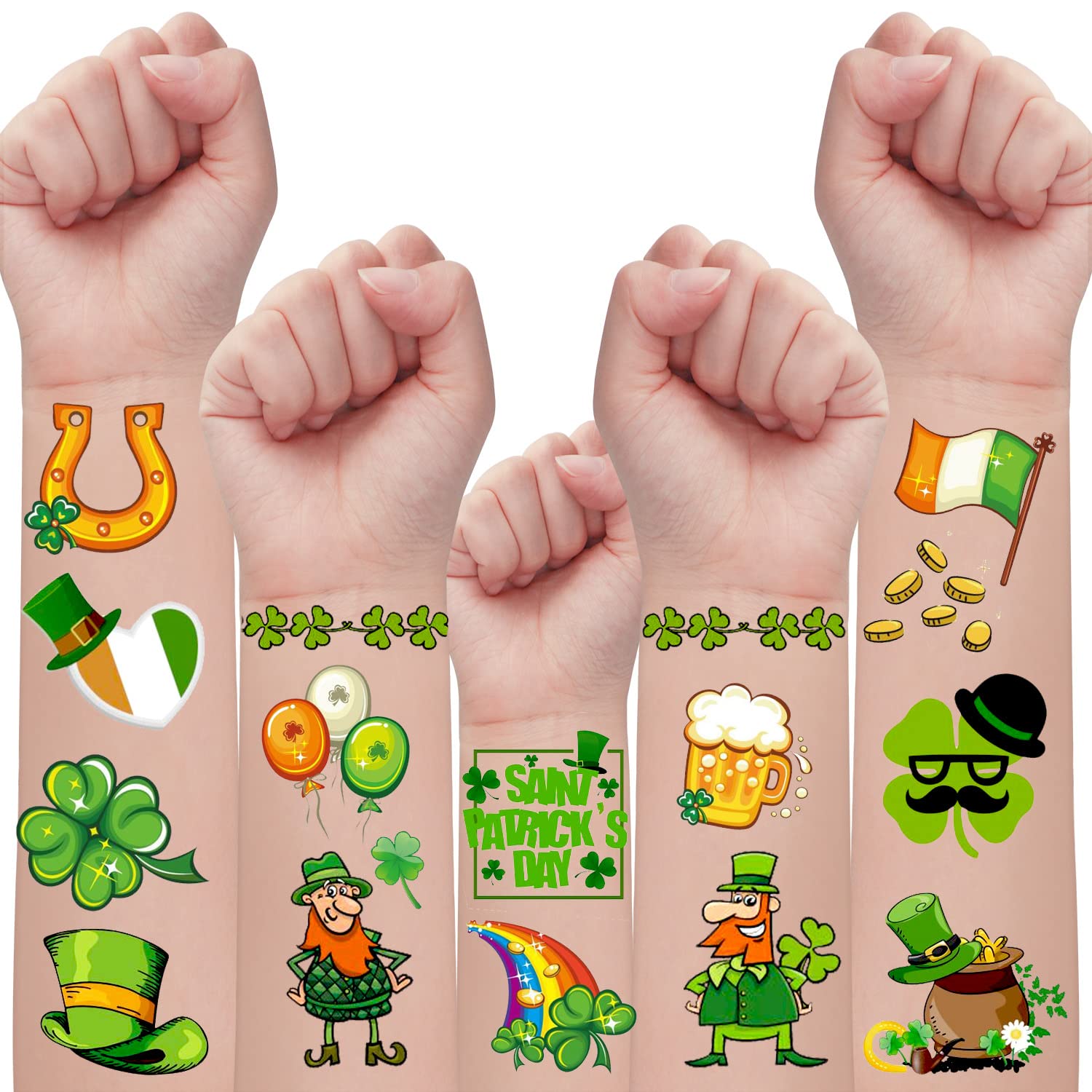Partywind 70 PCS (10 Sheets) St Patrick's Day temporary Tattoos for Kids, St Patrick's Day Shamrock Decorations Accessories Party Favors Supplies, Cute Irish Saint Patrick's Day Face Tattoos Stickers