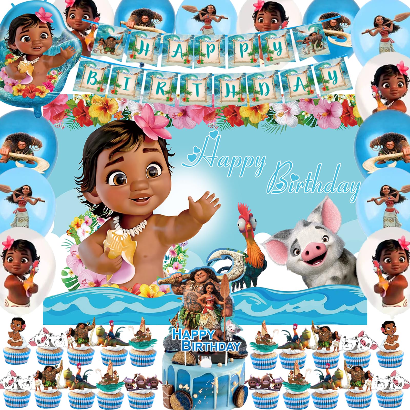 52PCS Moana Themed Party Supplies Include Moana Birthday Banner, Moana Balloons,Cake Toppers