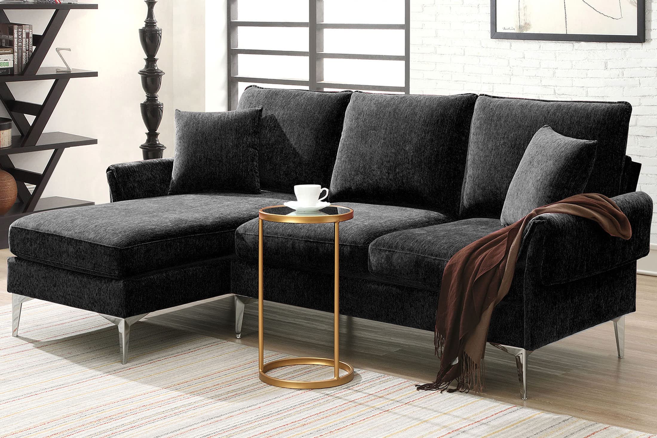 L-Shaped Sofa with Chaise Lounge, Reversible Sectional Sofa Couch with 2 Pillows, Upholstered Couch for Living Room, Bedroom, Small Space (Black)