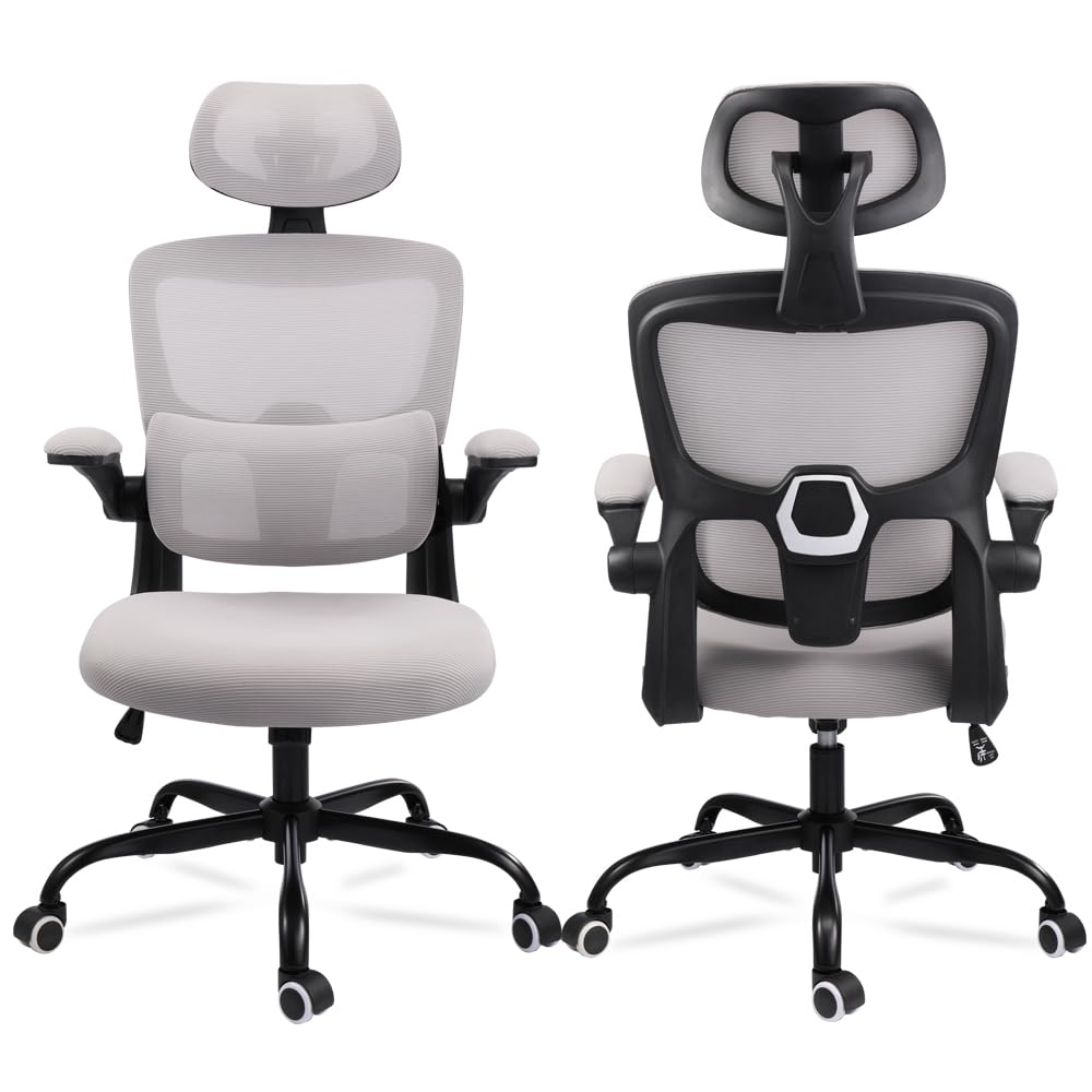 Ergonomic Office Chair Mesh Desk Chair Lumbar and Back Support Computer Chair with Adjustable Headrest Pillow 360 Swivel Casters and Flip-up Armrests for Home Office (Gray)