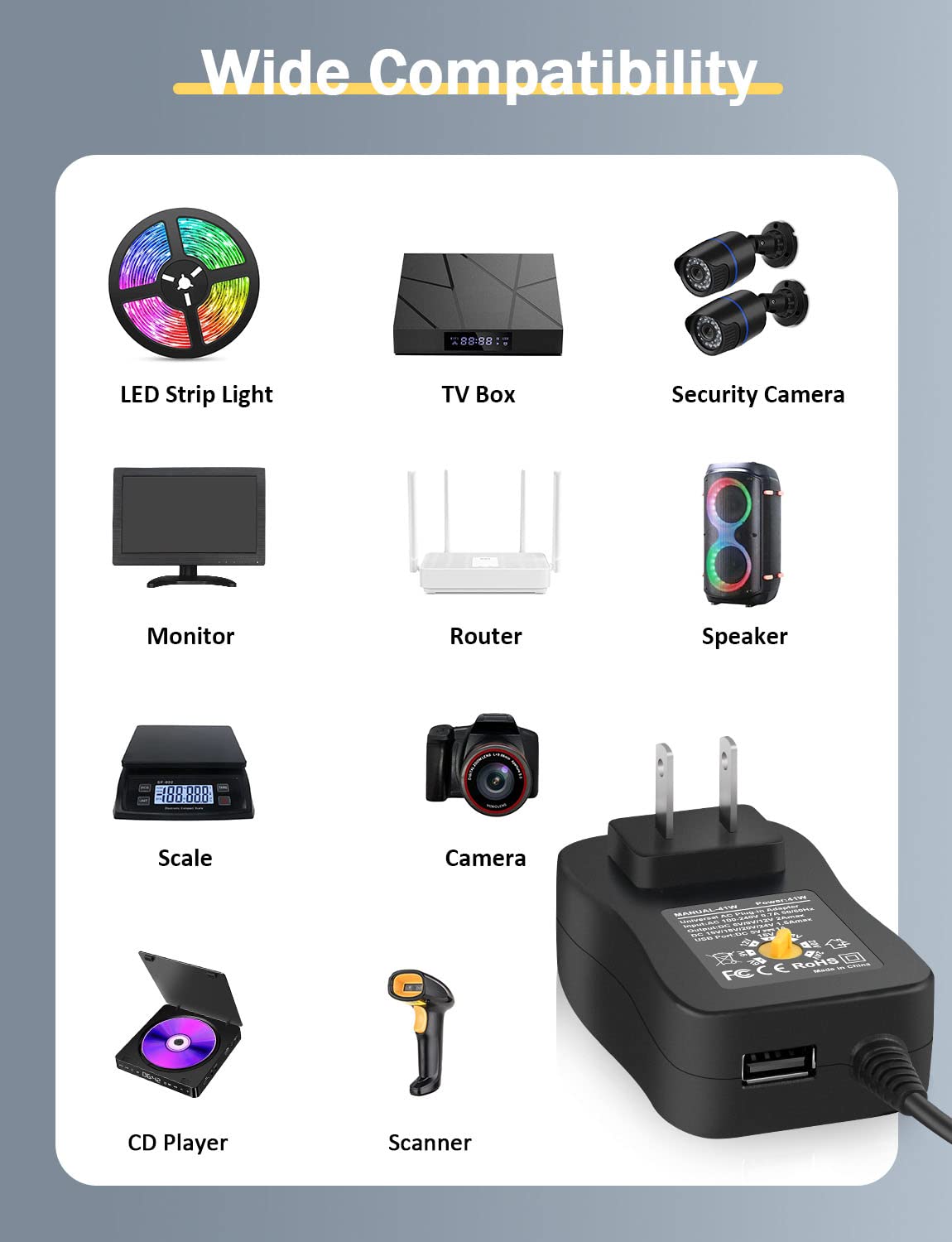 41W AC Adapter, Universal AC DC Power Adapter, AC/DC Power Supply 100-240V 50/60HZ 6V 9V 12V 2A 15V 18V 20V 24V 1.5A Adjustable Switching Adapter with 8 Tips for LED Strip Light, Camera,Router,Speaker