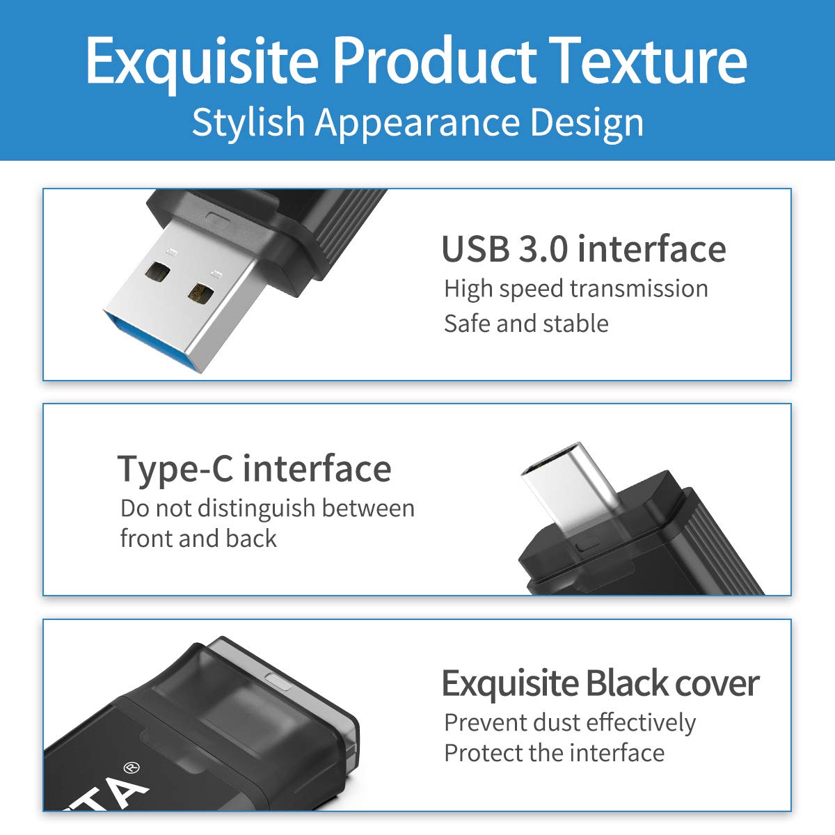 Type C & USB Flash Drive 128GB 256GB 512GB Dual USB 3.0 Memory Stick USB C External Storage for Tablets, New MacBook, Android Smartphones, Samsung, Huawei, Oneplus Etc. (128GB Black)