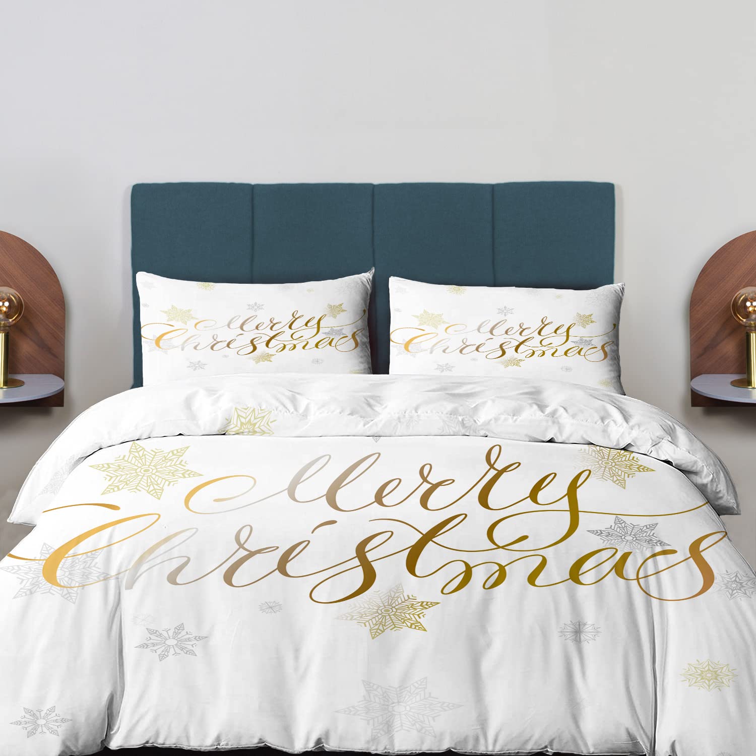 BaoNews Golden Christmas Merry Christmas Duvet Cover Set King Size,3 Pieces Silver Gray Snowflake Bedding Set Hotel Quality 100% Cotton Comforter Cover Set with 2 Pillowcases(No Filler)