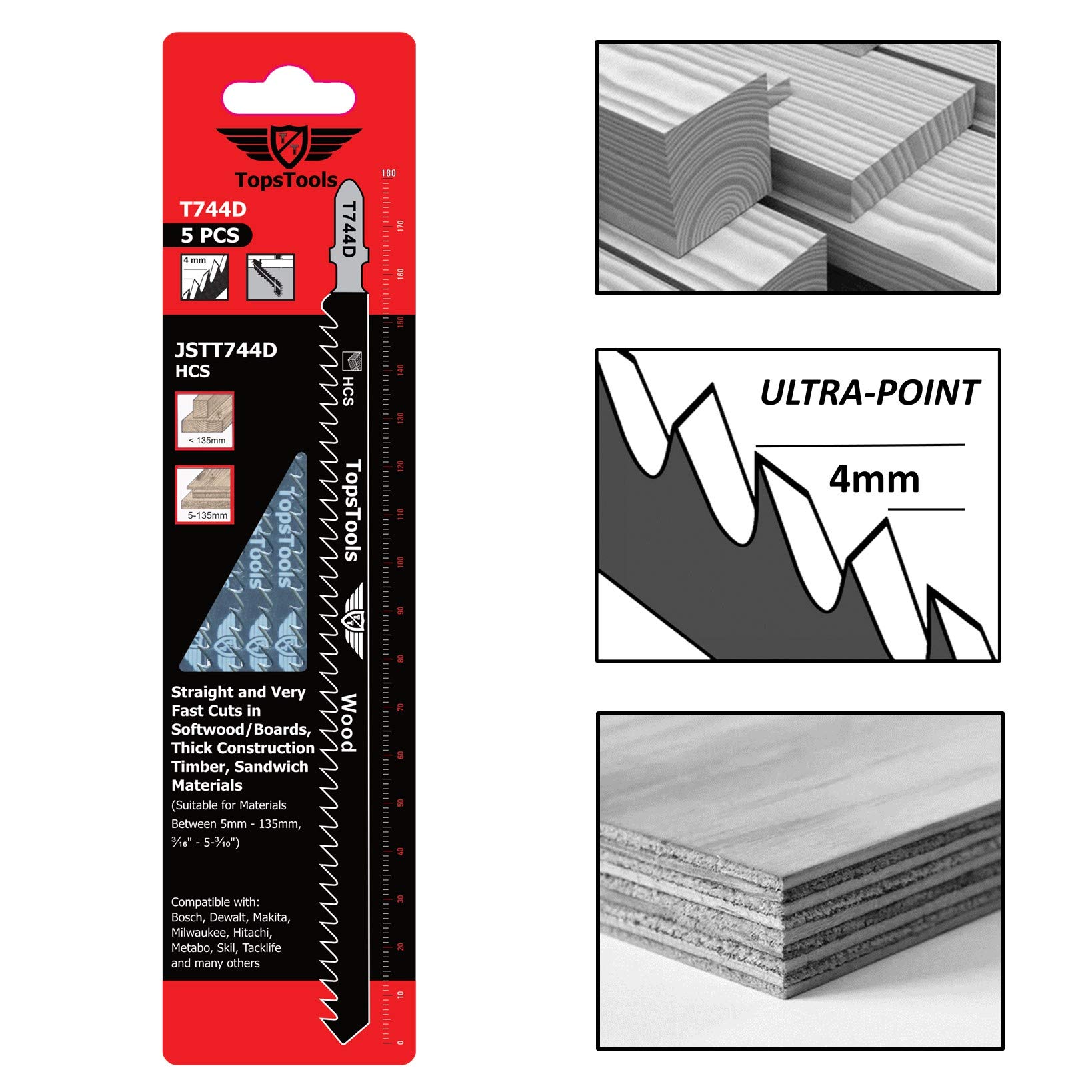 5 x TopsTools JSTT744D T744D 7-1/10" (180mm) Long Clean and Fast Cuts Wood Cutting Jigsaw Blades Compatible with Bosch, Dewalt, Makita, Milwaukee and many more