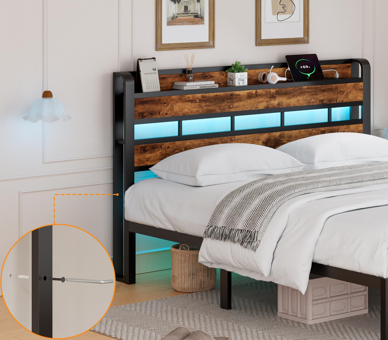 Furnulem Queen Headboard with Storage Shelf,Headboards with RGB LED Light,USB Port and Charging Station,Sturdy Metal Frame & Wood Shelf, Adjustable Height