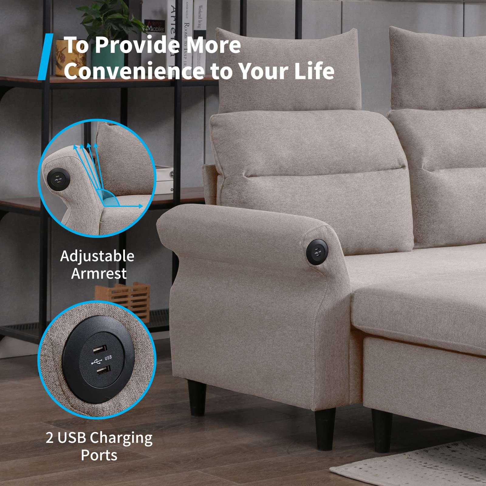 Mjkone Convertible Sectional Sofa Couch, 3 Seat L Shaped Headrest Sofa with 2 USB Ports and Adjustable Armrest, 88" W Modular Sectional Sofa Set with Storage Ottoman for Living Room, Beige