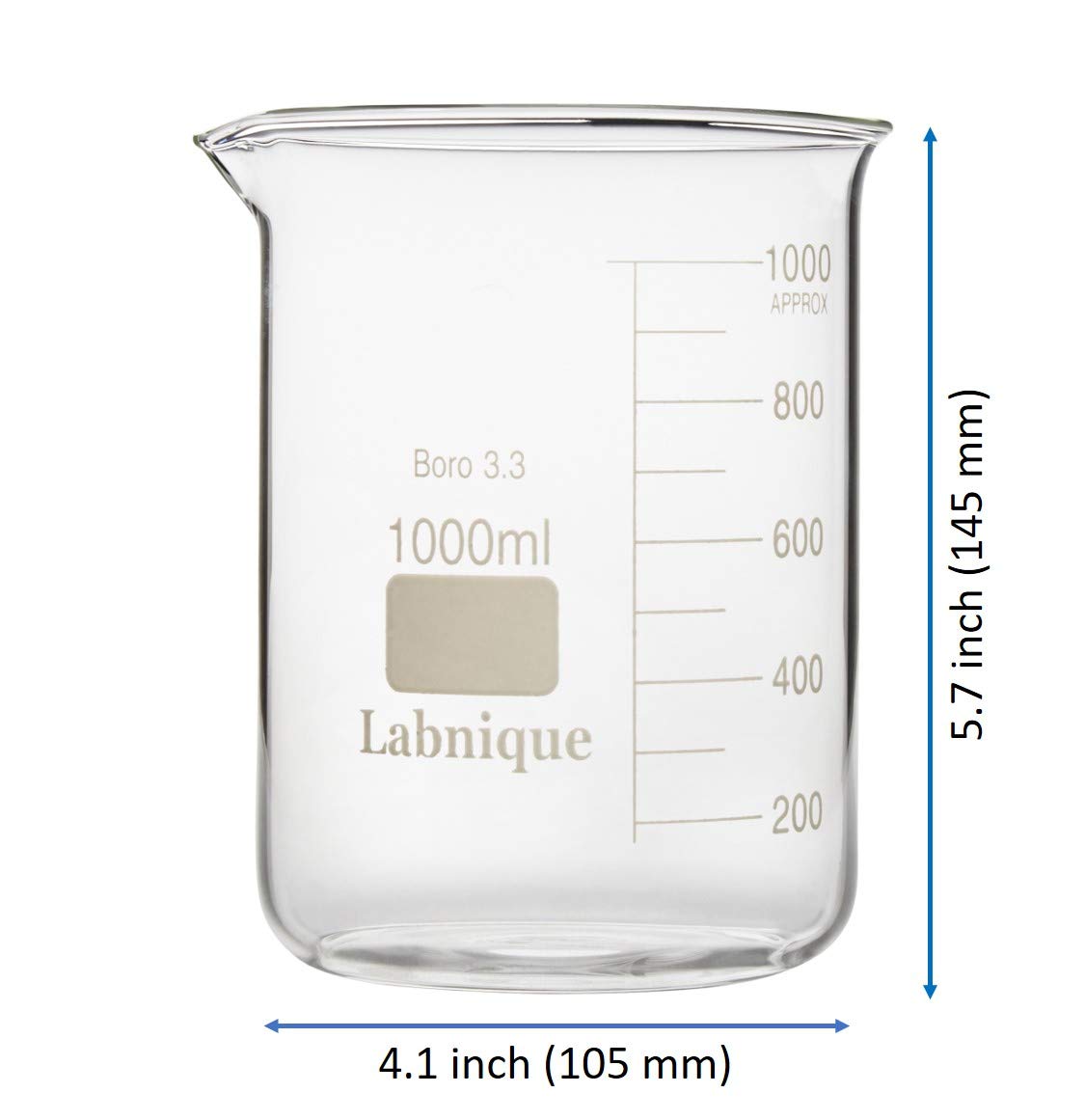 Labnique Borosilicate 3.3 Glass Griffin Beaker, Low Form with Printed Graduation, Double Boxed, 1000ml / 1L (Pack of 6)