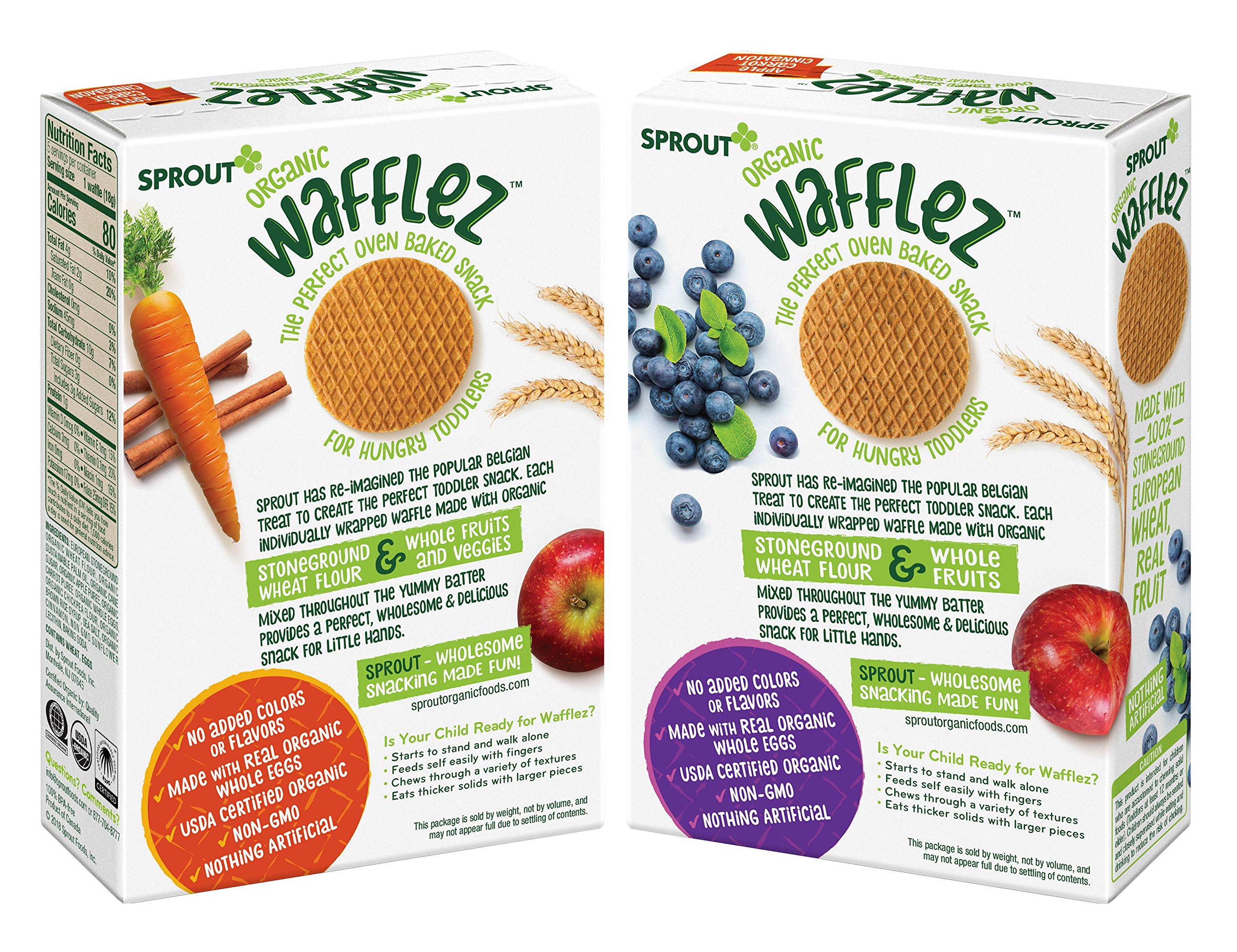 Sprout Organic Baby Food, Stage 4 Toddler Snacks, Blueberry Apple and Apple Cinnamon Wafflez Variety Pack, Single Serve Waffles (20 Count)