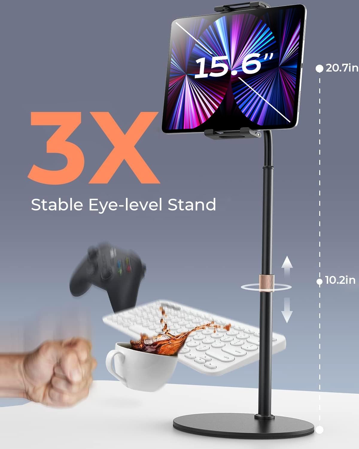 LISEN for iPad Stand for Desk Portable Monitor Stand Adjustable Tablet Stand, Thick Case Friendly iPad Pro Holder Fits(4.7"-15.6") iPad Pro 12.9/10.9/10.2 Air Mini 4 3 2 Fire Tab Nexus Kindle, Black