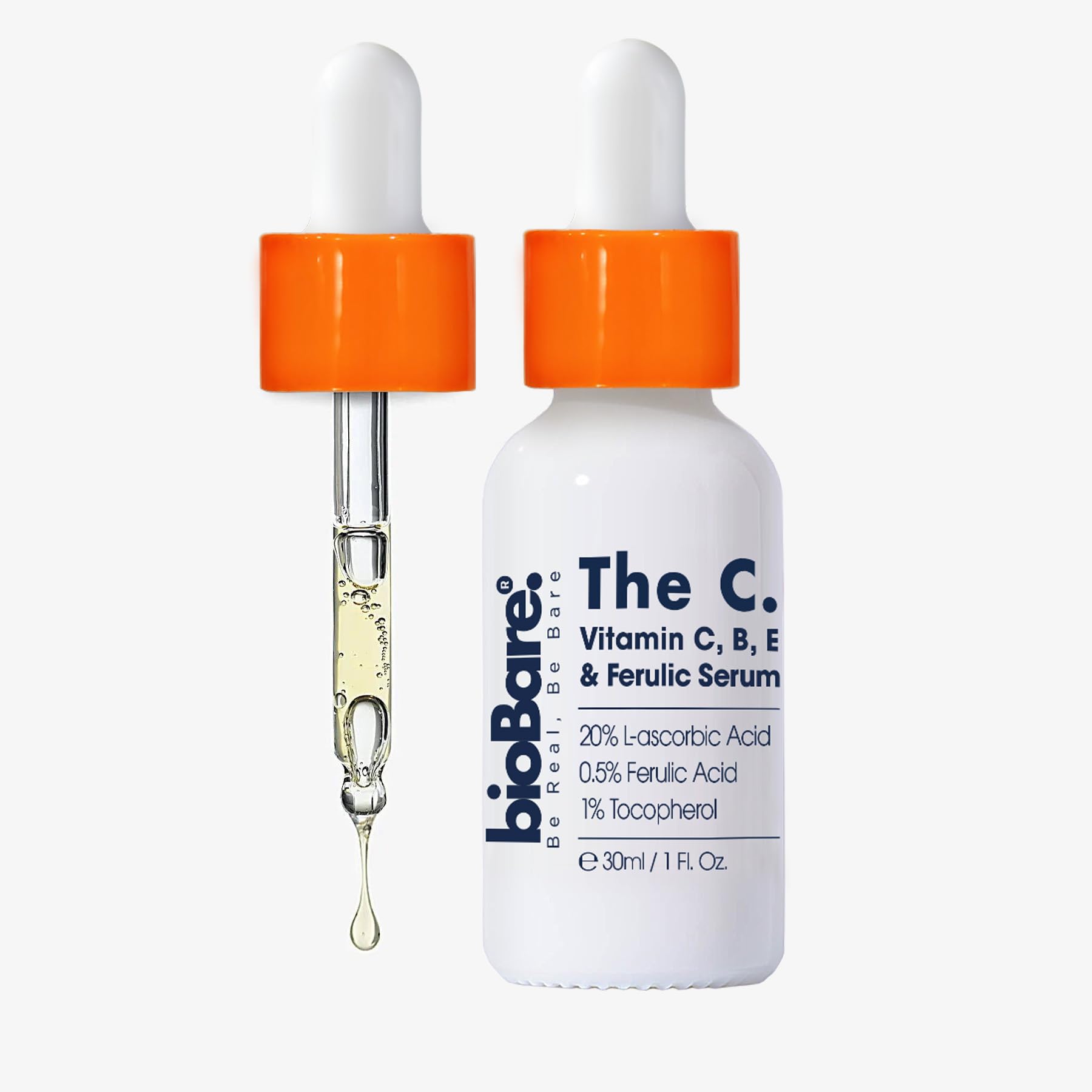 Vitamin C B E, and Ferulic Serum For Face By BioBare | 20% Pure Vitamin C W/Hyaluronic Acid | Helps Keep Skin Young, Moist, Bright & Glowing | Helps With Fine Lines, Wrinkles, Dark Spots | 1Fl Oz