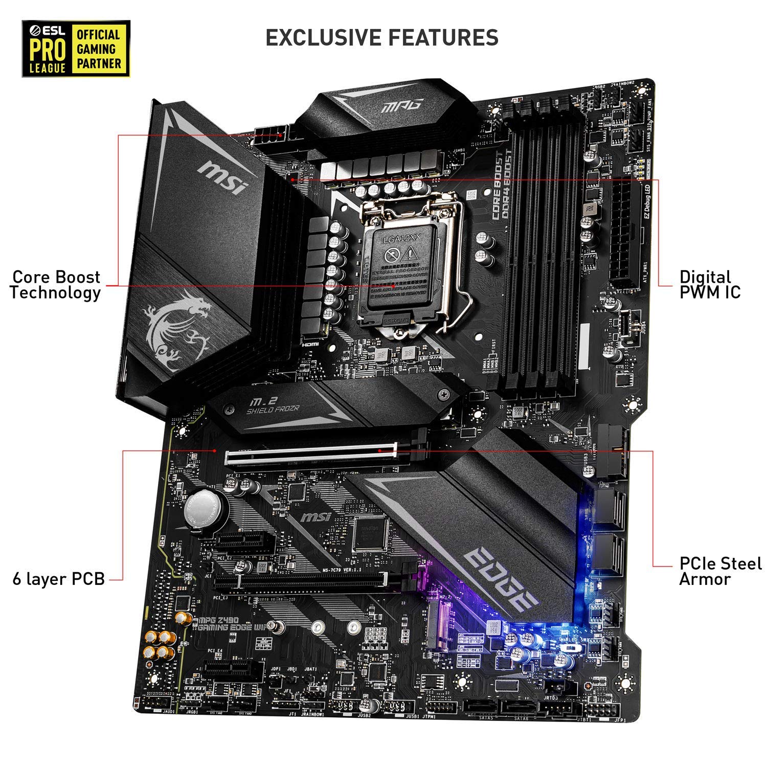 MSI MPG Z490 Gaming Edge WiFi ATX Gaming Motherboard (10th Gen Intel Core, LGA 1200 Socket, DDR4, CF, Dual M.2 Slots, USB 3.2 Gen 2, Wi-Fi 6, DP/HDMI, Mystic Light RGB) (Renewed)