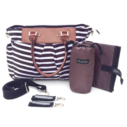 Prochel Diaper Bag Set Striped Crossbody Shoulder Tote Purse Black White (Pink)