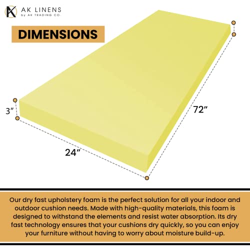 AK TRADING CO. Durable and Water-Resistant Dry Fast Foam for Indoor and Outdoor Furniture Cushions - 3" Thick x 24" Wide x 72" Long