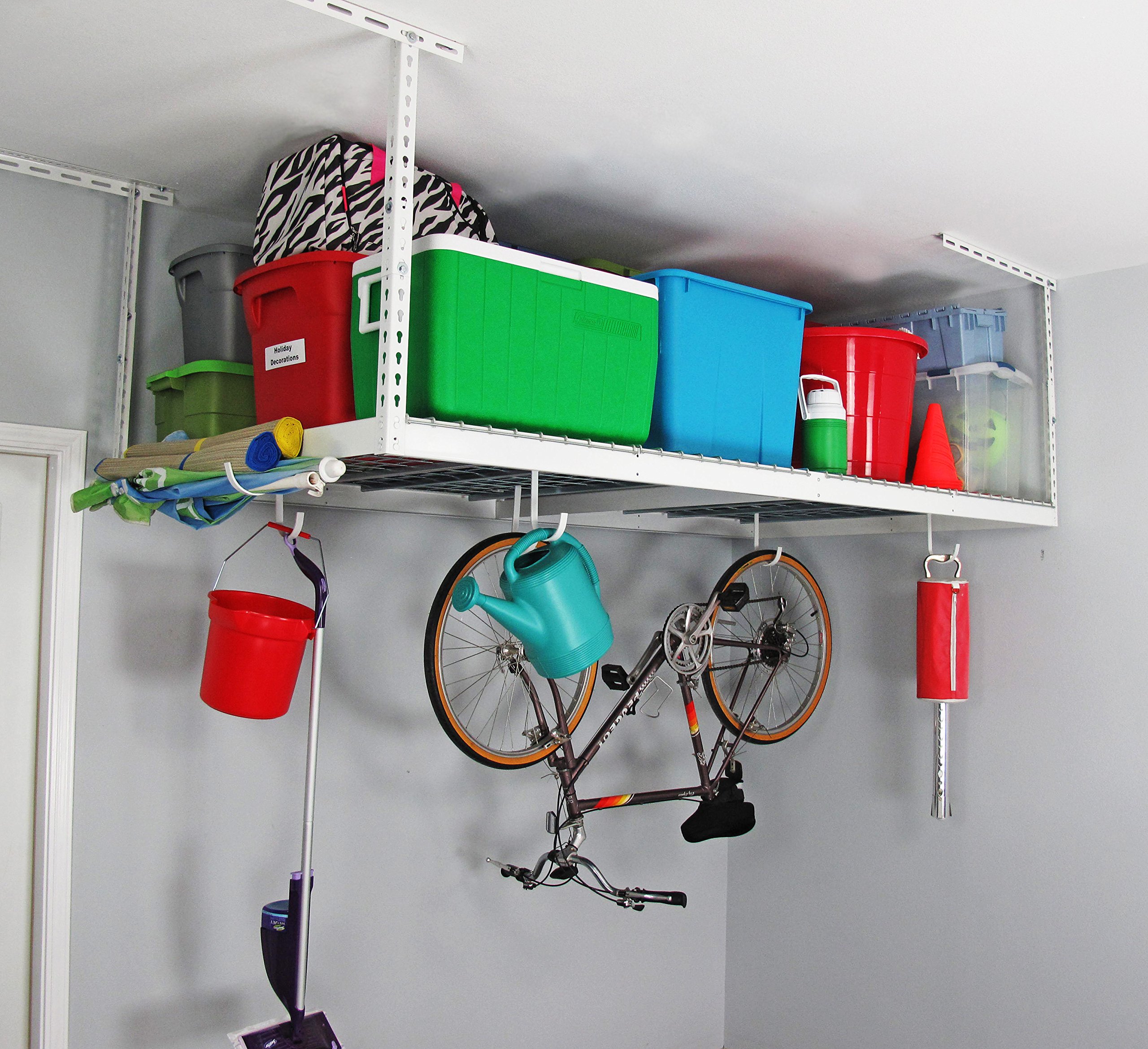 MonsterRax Overhead Garage Storage Rack- 4 x 8 Ceiling Rack for Garage Shelving, Organization, & Storage, Adjustable Hanging Storage for Bikes, Equipment & Accessories (White, 12"-21").