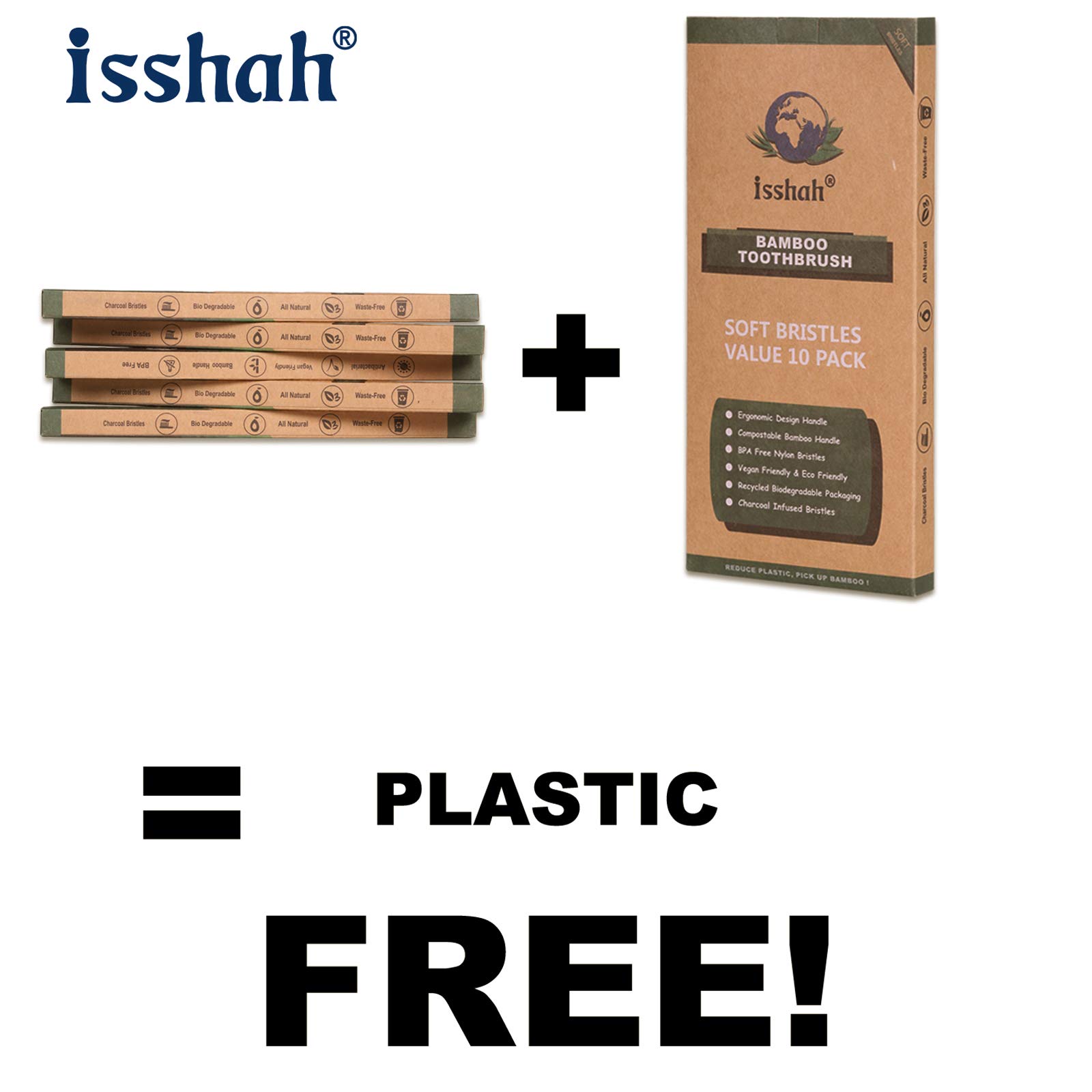Isshah Soft Bristles Bamboo Toothbrushes, Black and White, Pack of 10