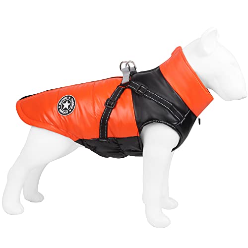 BAEJMJK Dog Reflective Winter Coat with Harness Warm Cold Weather Jacket for Small Medium Dogs Zip Up Turtleneck Puppy Vest with D-Ring Waterproof Windproof Dog Winter Clothes(Orange,Medium)