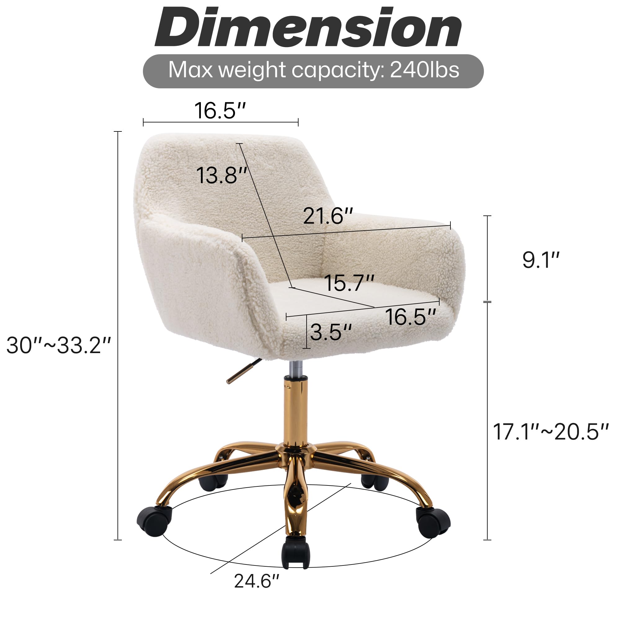 KCC Faux Fur Office Desk Chair, Comfy Swivel Armchair with Wheels, Upholstered Fuzzy Vanity Chair, Adjustable Height, White