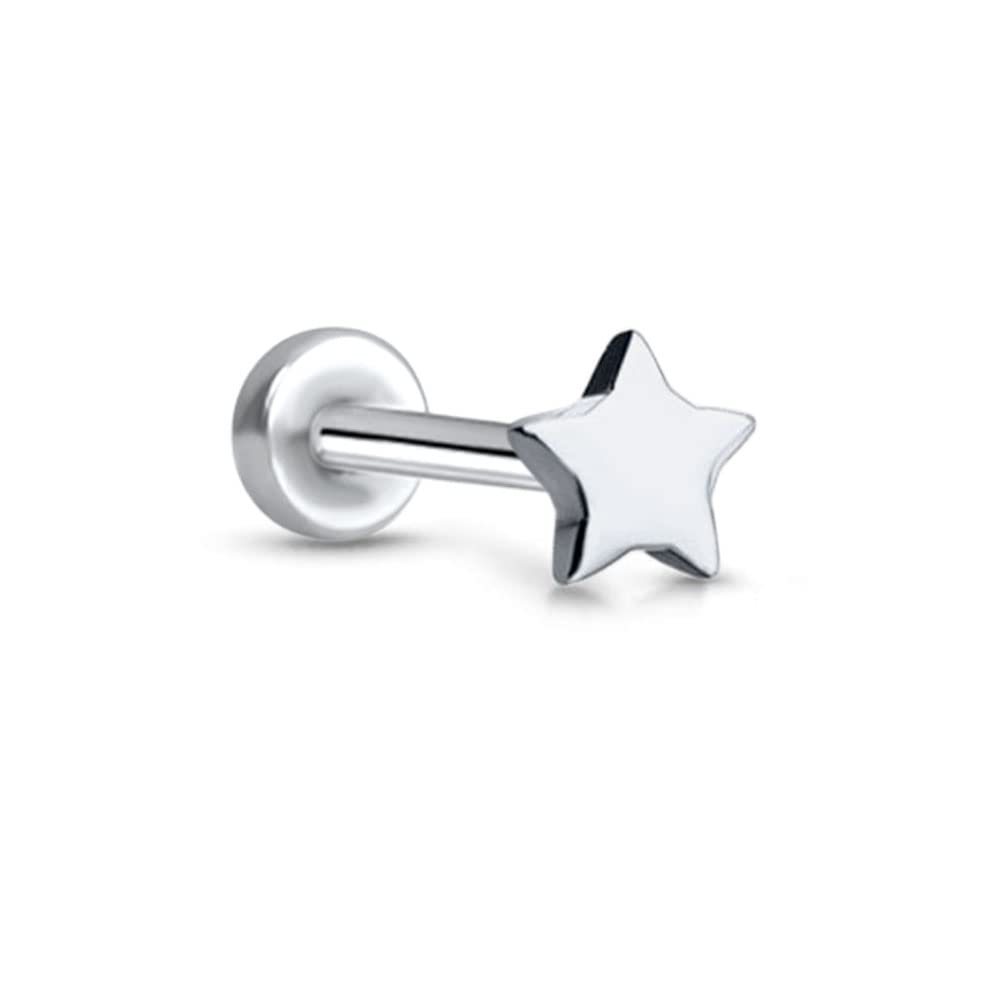 316 Stainless Steel Threadless Push Pin Nose Ring Labret Monroe Stud Star, 3/16" (5mm) Post Length 16G
