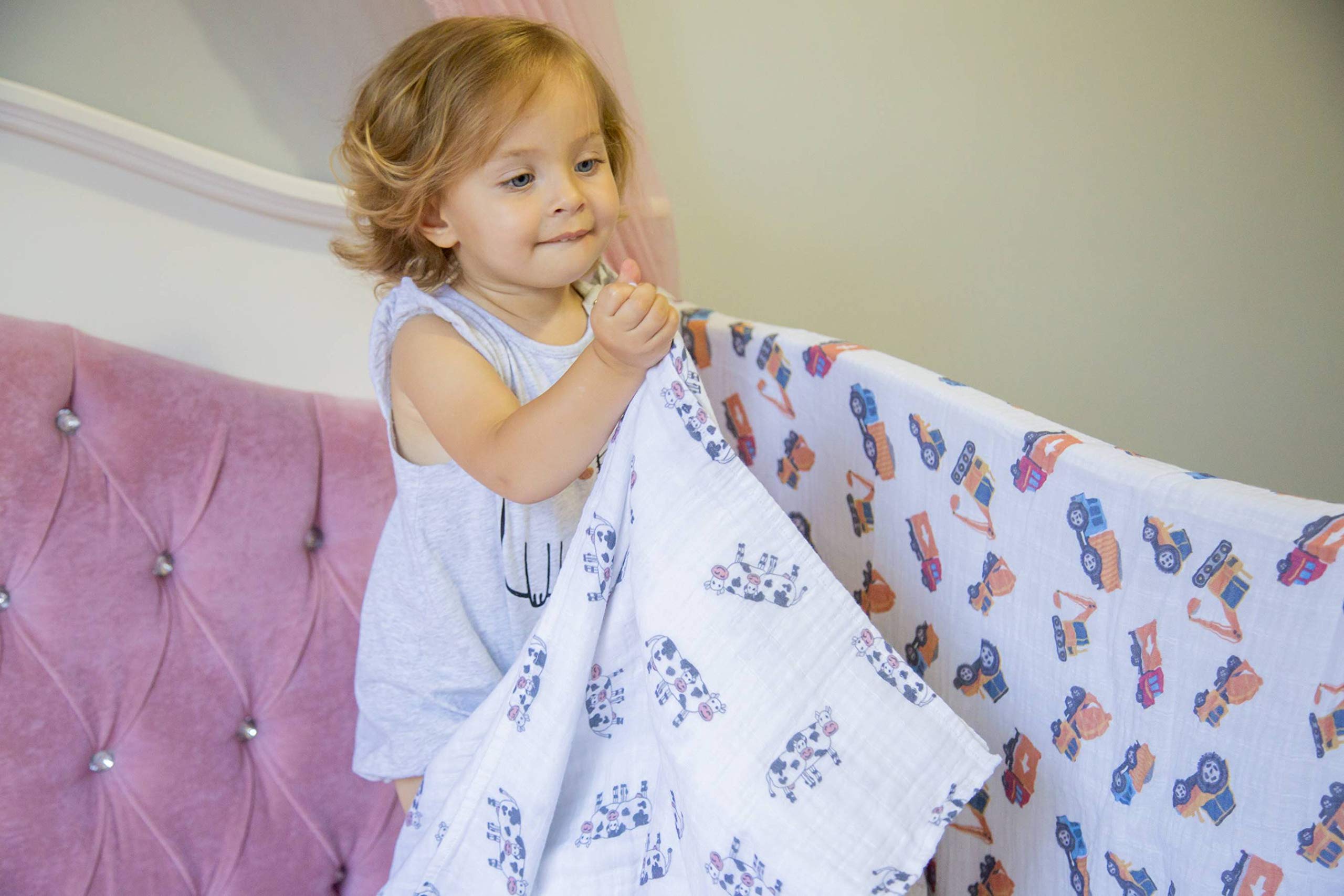 Ella Bonna Muslin Swaddle Blankets Construction Trucks Printed, Muslin Blanket, 100% Organic Cotton, Premium, Large, Lightweight/Oversized (47" x 47")