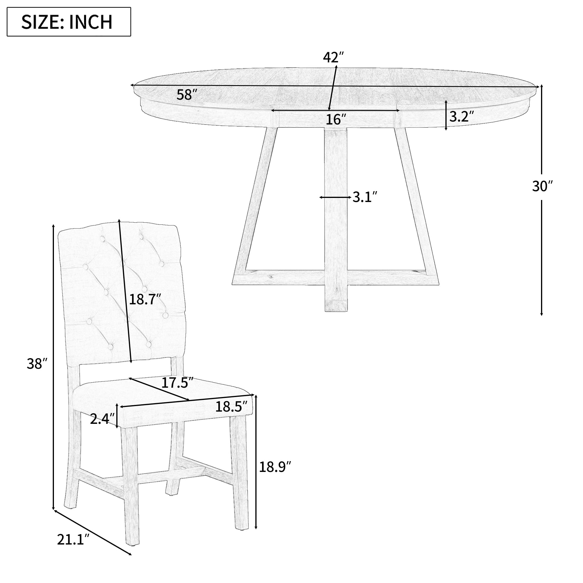 5-Piece Retro Functional Set, Extendable Round 16" W Leaf, 4 Upholstered Family Dinner Dining Room, 5pc Farmhouse Kitchen Table/Chairs for 4 (Walnut)