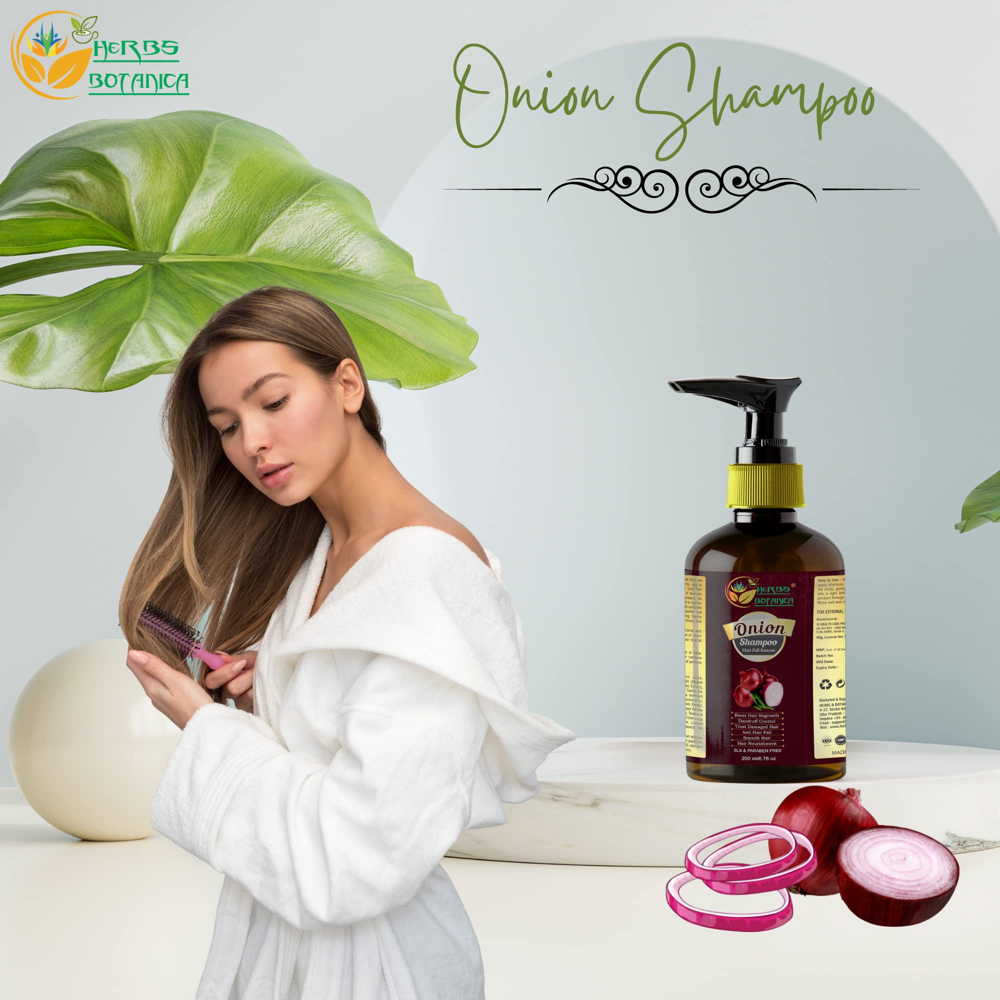 Onion Shampoo for Hair Growth – Enriched with Caffeine, Curry Leaf & Indian Alkanet Root – Controls Hair Fall & Dandruff – Onion Shampoo and Conditioner Alternative – 6.76 fl oz by Herbs Botanica