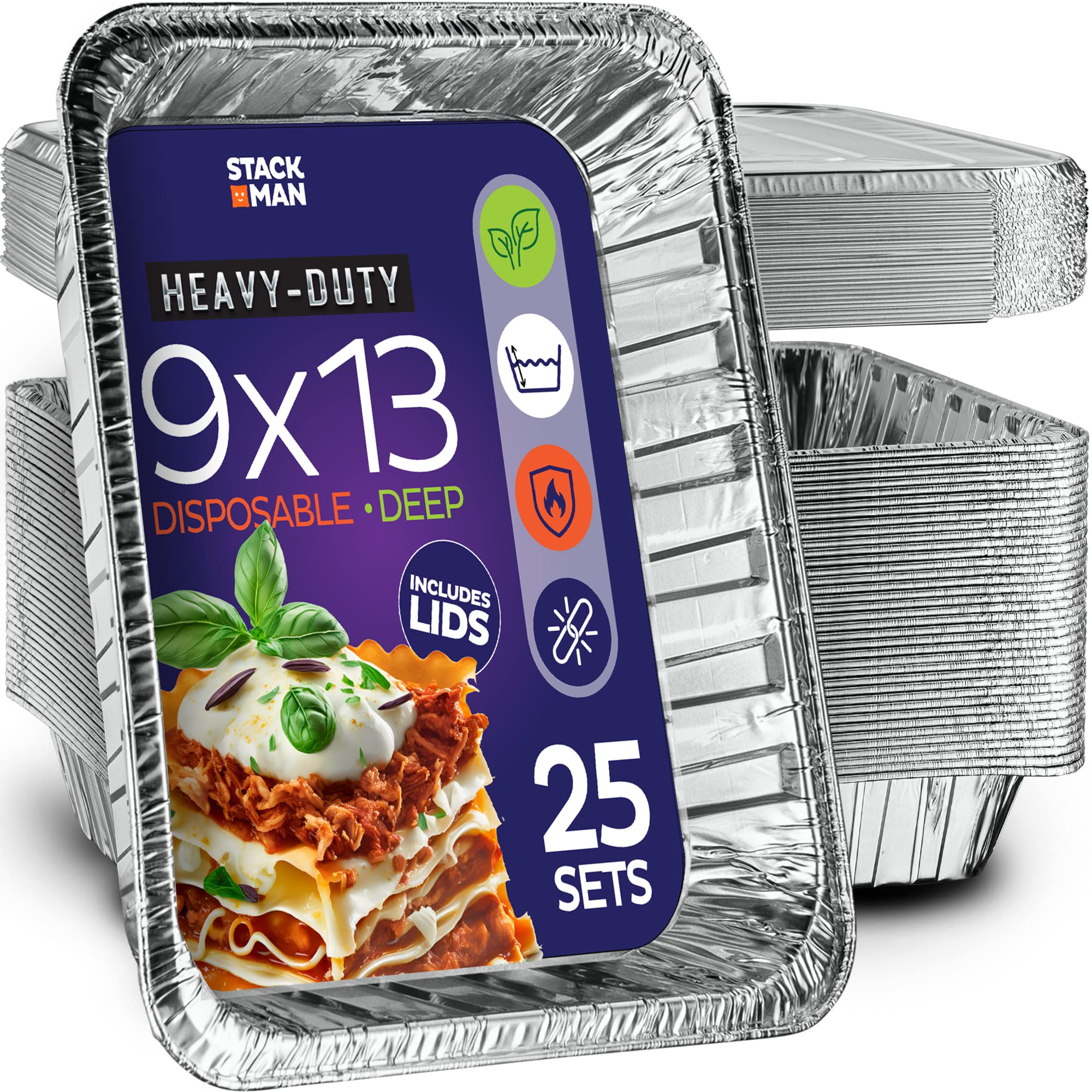 Aluminum Pans with Lids 9x13 Disposable Foil Pans [25-Sets] Heavy-Duty Baking Pans, Half-Size Deep Steam Table Pans with Foil Covers- Tin Foil Pans for Cooking, Baking, Heating, Storing, Food Prepping