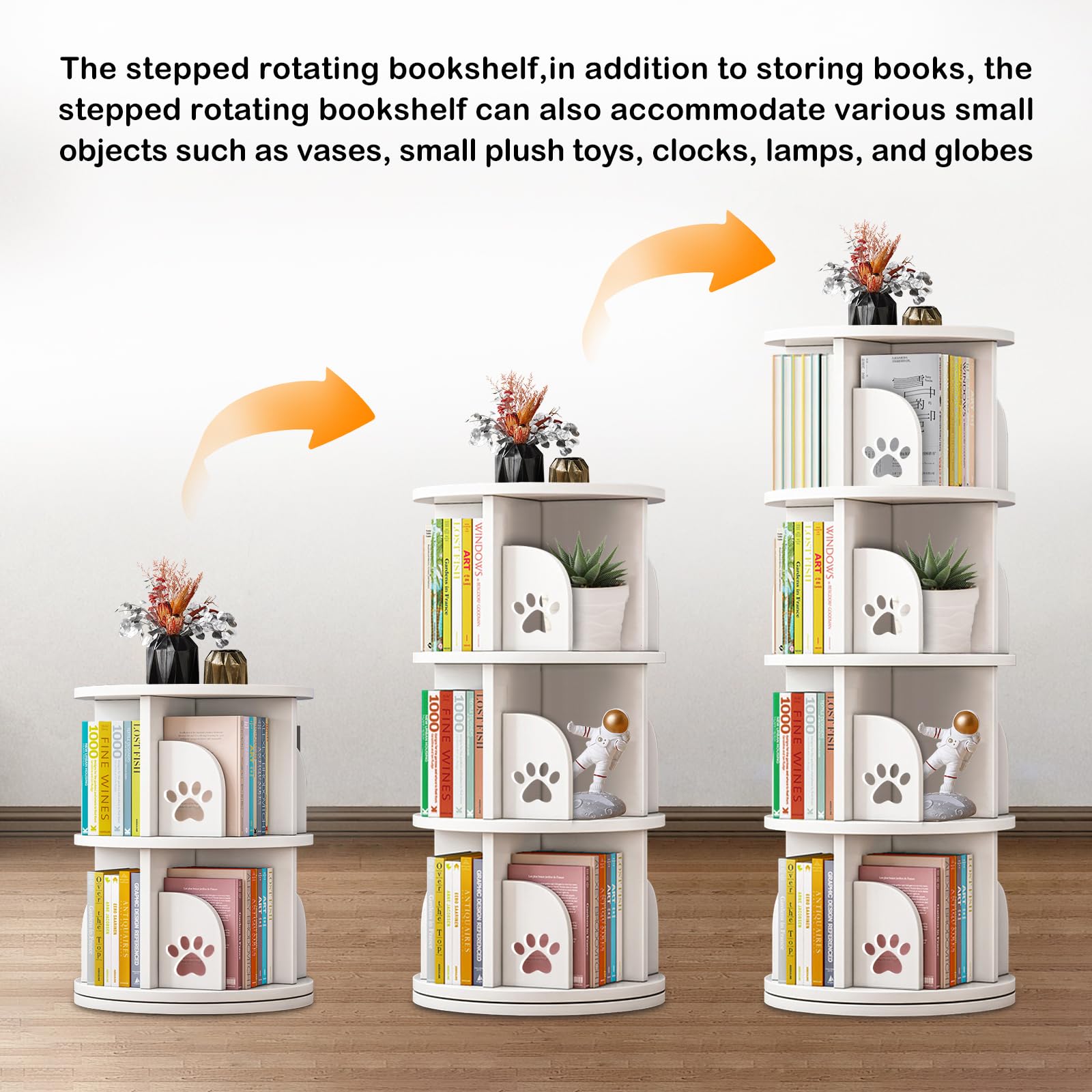 360°Rotating Bookshelf 4-Tier Large Capacity 18" Diameter Kids Bookshelf PVC Plastic Display Cabinet,Corner Bookcase Space Saving Round Spinning Storage Rack With Small Silicone Hammer (4-Tier)