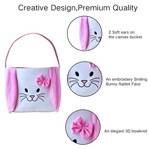 Poptrend Easter Basket Bags,Bunny Easter Bucket,Easter Eggs/Gift Baskets for Kids,Bunny Tote Bag Bucket for Easter Eggs,Toys, Candy,Gifts (Pink)