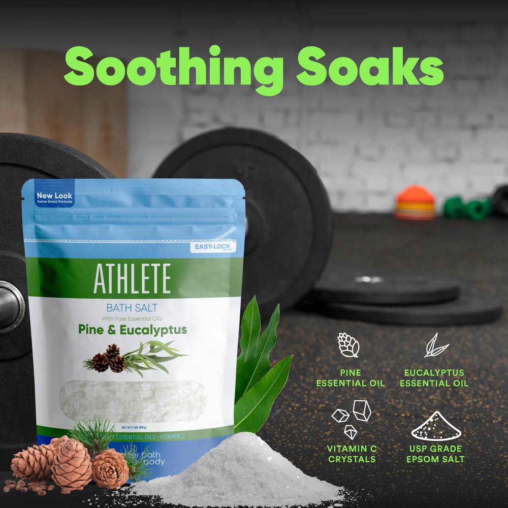 Athlete Bath Salt 32 Ounces Epsom Salt with Natural Lavender, Pine, Peppermint and Eucalyptus Essential Oils Plus Vitamin C in BPA Free Pouch with Easy Press-Lock Seal