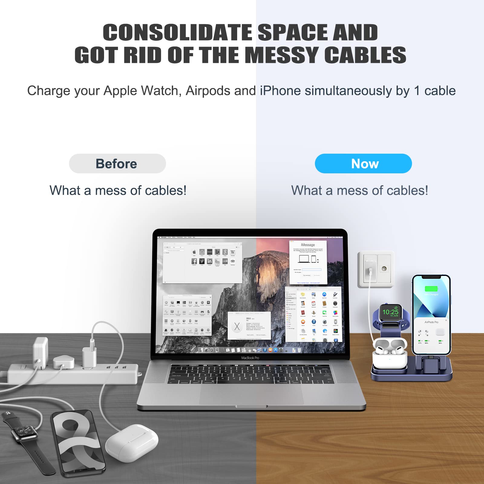 3 in 1 Charging Station for Apple Products, Removable Charging Stand for iPhone Series AirPods Pro/3/2/1, Charging Dock for Apple Watch SE/Ultra/8/7/6/5/4/3/2/1(with 15W Adapter and Cable)(White)