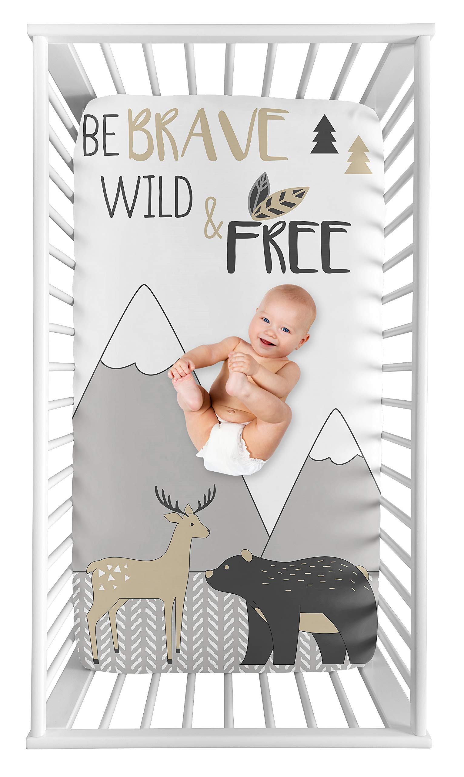 Sweet Jojo Designs Woodland Animal Boy or Girl Fitted Crib Sheet Baby or Toddler Bed Nursery Photo Op - Beige, Grey and White Boho Deer Bear Mountain Friends