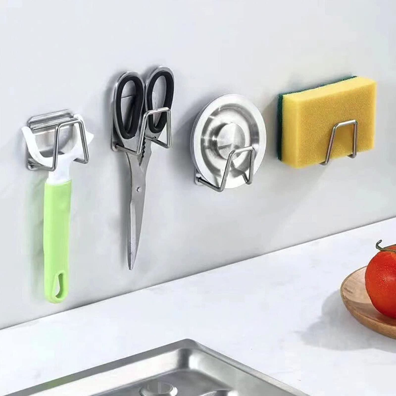 4Pcs Sponge Holders for Kitchen Sink,Strong Adhesive Small Sponge Holder,Stainless Steel Rustproof Waterproof Kitchen Sink Caddy Save Sink Space,Quick Drying(silver)