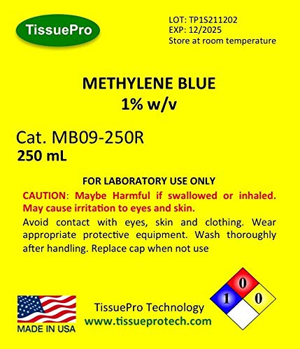 Tissue Pro- Methylene Blue 1% Aqueous Solution, Pharmaceutical Grade Stain, Redox Indicator for Labs, Microscopy and Other apps, 250mL, Dispensing Cap