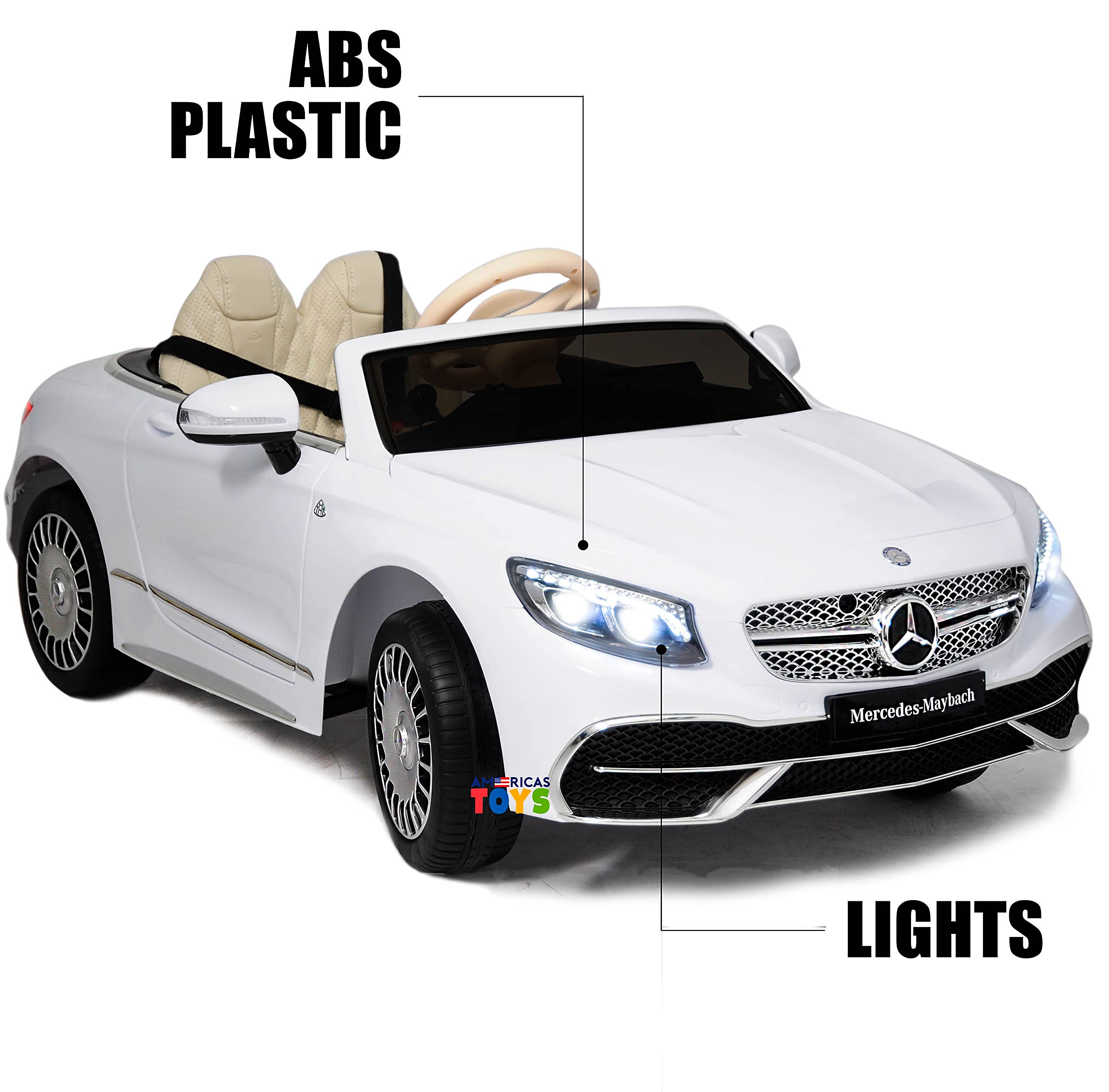 Americas Toys Car for Kids to Drive with Leather Seat, Mp4 Player, Bluetooth, Remote Control – Ride in Vehicle One Seater with Open Doors, 5 Point Safety Belt, Compatible with Mercedes Maybach White