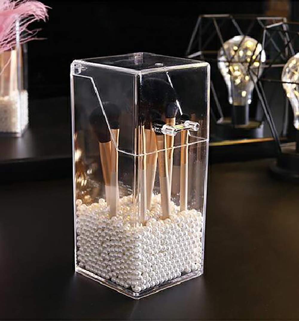 Jucoan Clear Acrylic Makeup Brush Holder with Lid, Pink Pearls, Cosmetic Makeup Brushes Holder with Cover, Brush Storage Organizer Case for Bathroom, Bedroom, Vanity, Countertop