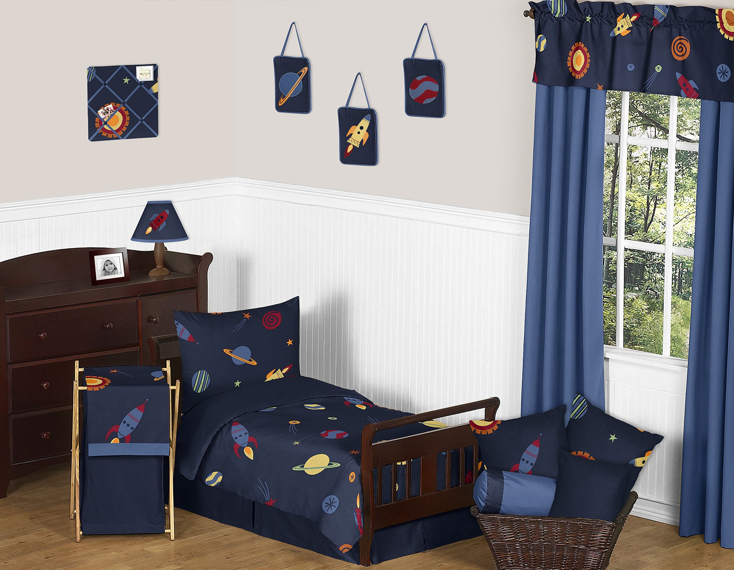 Sweet Jojo Designs Space Galaxy Planets Boy Fitted Crib Sheet Baby or Toddler Bed Nursery Photo Op - Navy Blue Star and Moon Rocket Ship