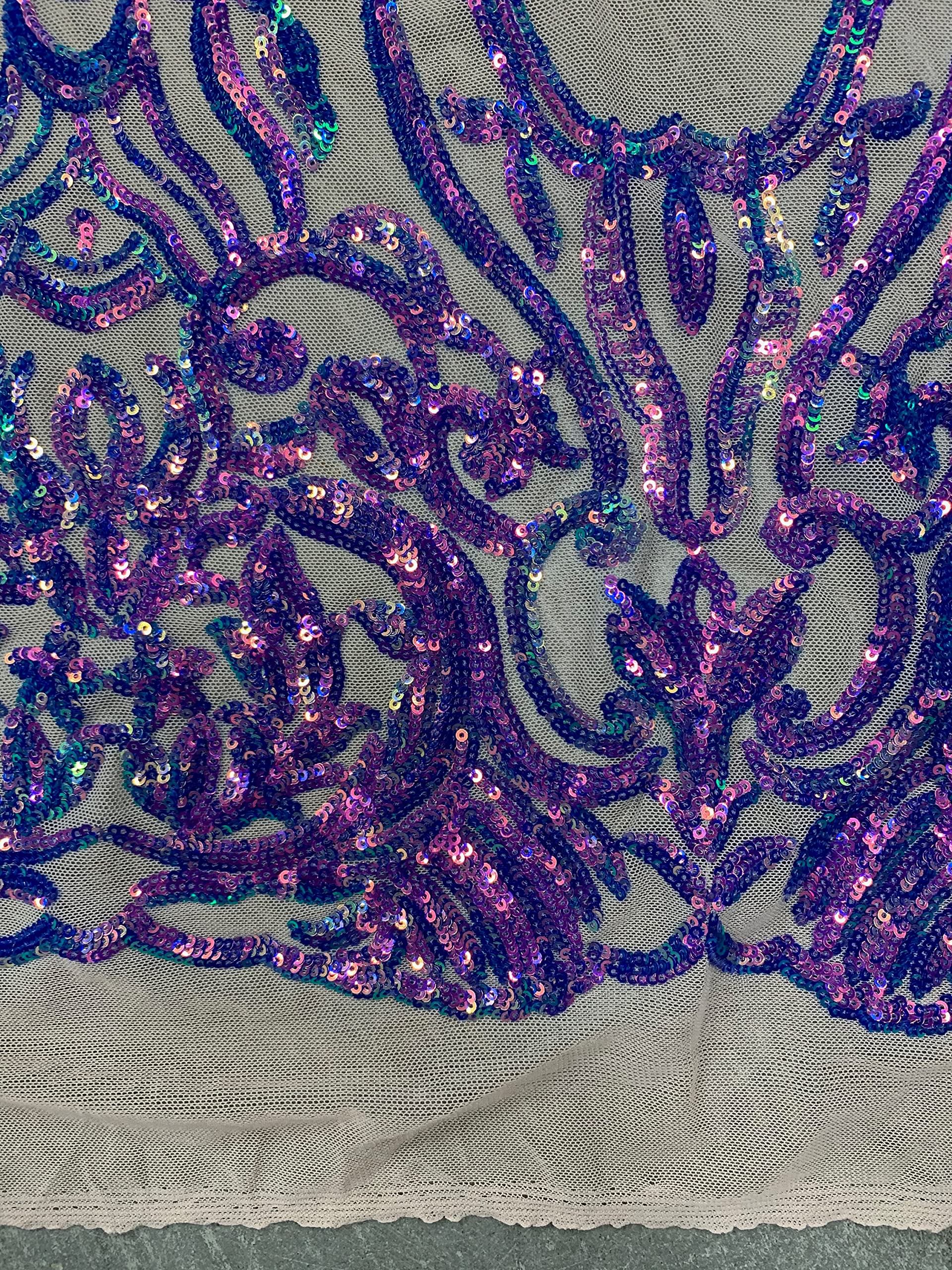 Phoebe Iridescent Purple Sequins on Nude Mesh Lace Fabric by The Yard - 10062
