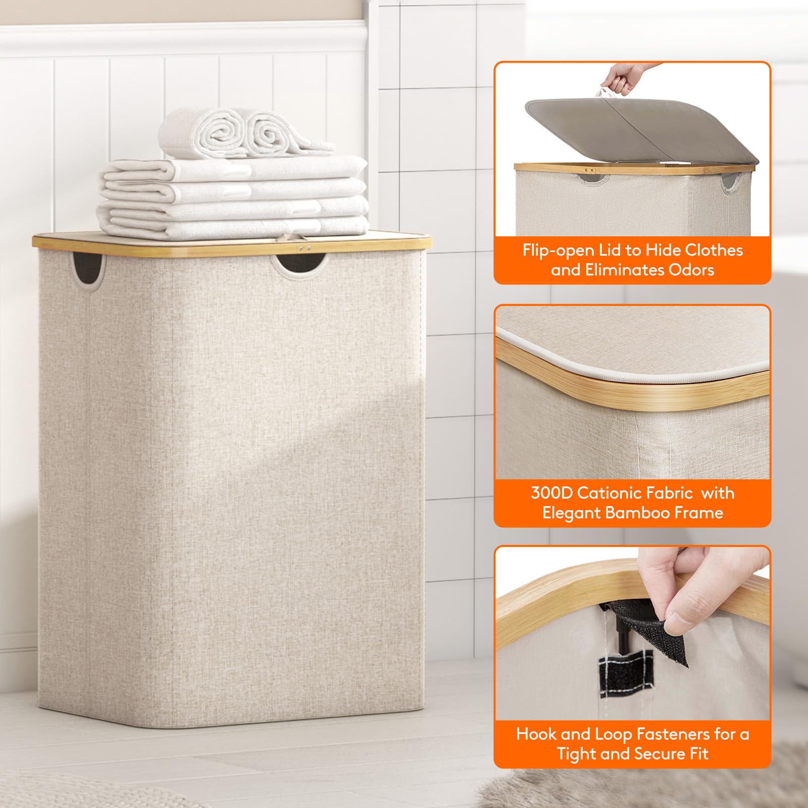 Lifewit 150L Laundry Basket with Lid 3 Section, Large Laundry Hamper with Bamboo Handles and Removable Laundry Bags, Clothes Hampers for Laundry for Bedroom, Bathroom, Dorm, Laundry Room, Beige