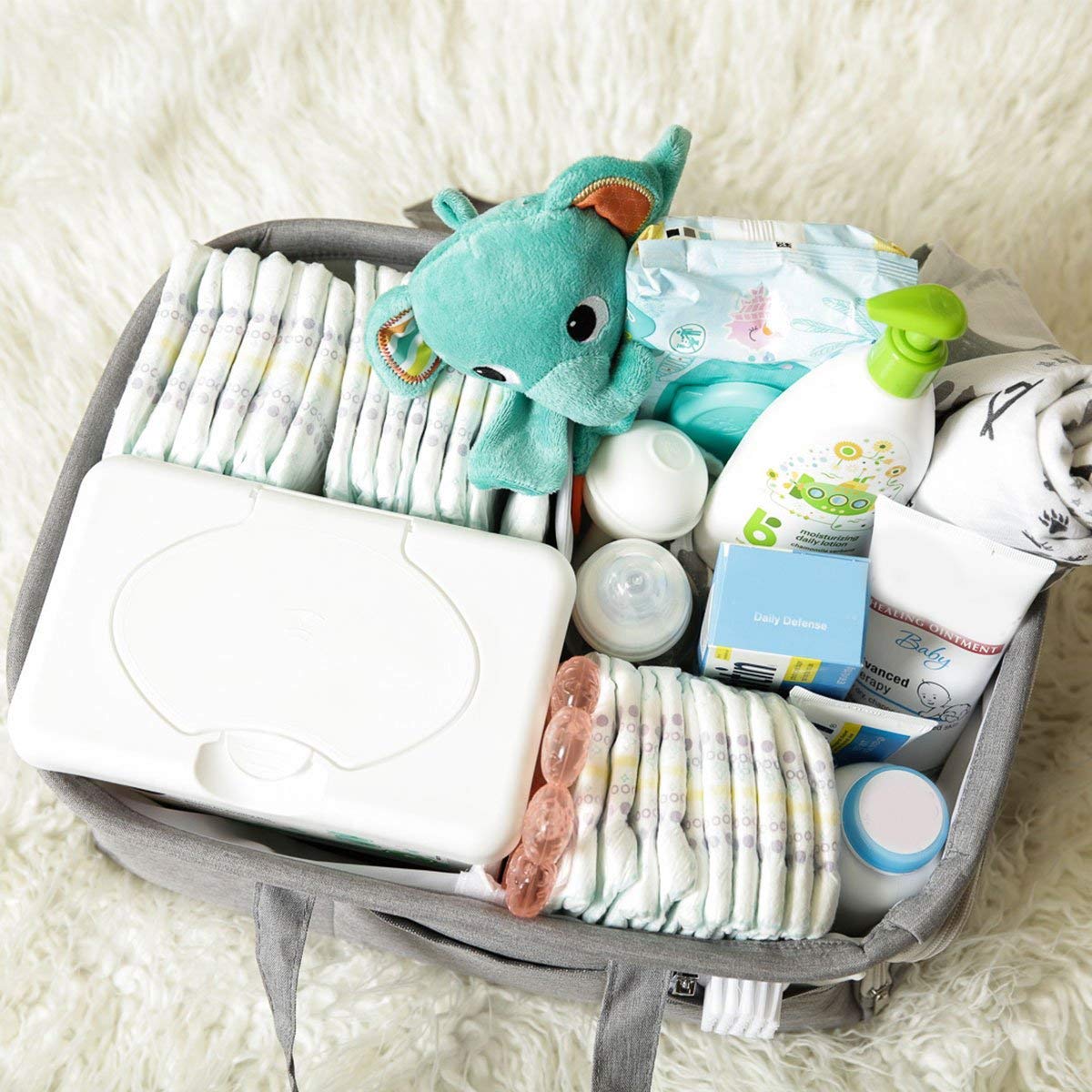 4 in 1 Baby Wrap Carrier and Diaper Caddy Organizer Bundle - Ring Sling- Grey and White Stripes Cotton