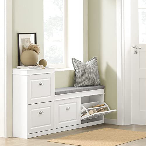 Haotian FSR64-W, White Storage Bench with Drawers & Padded Seat Cushion, Hallway Bench Shoe Cabinet Shoe Bench