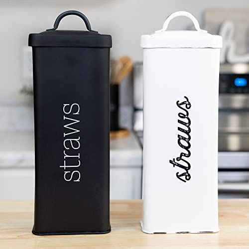 AuldHome Farmhouse Enamelware Straw Holder (Black); Retro Metal Straw Storage Canister