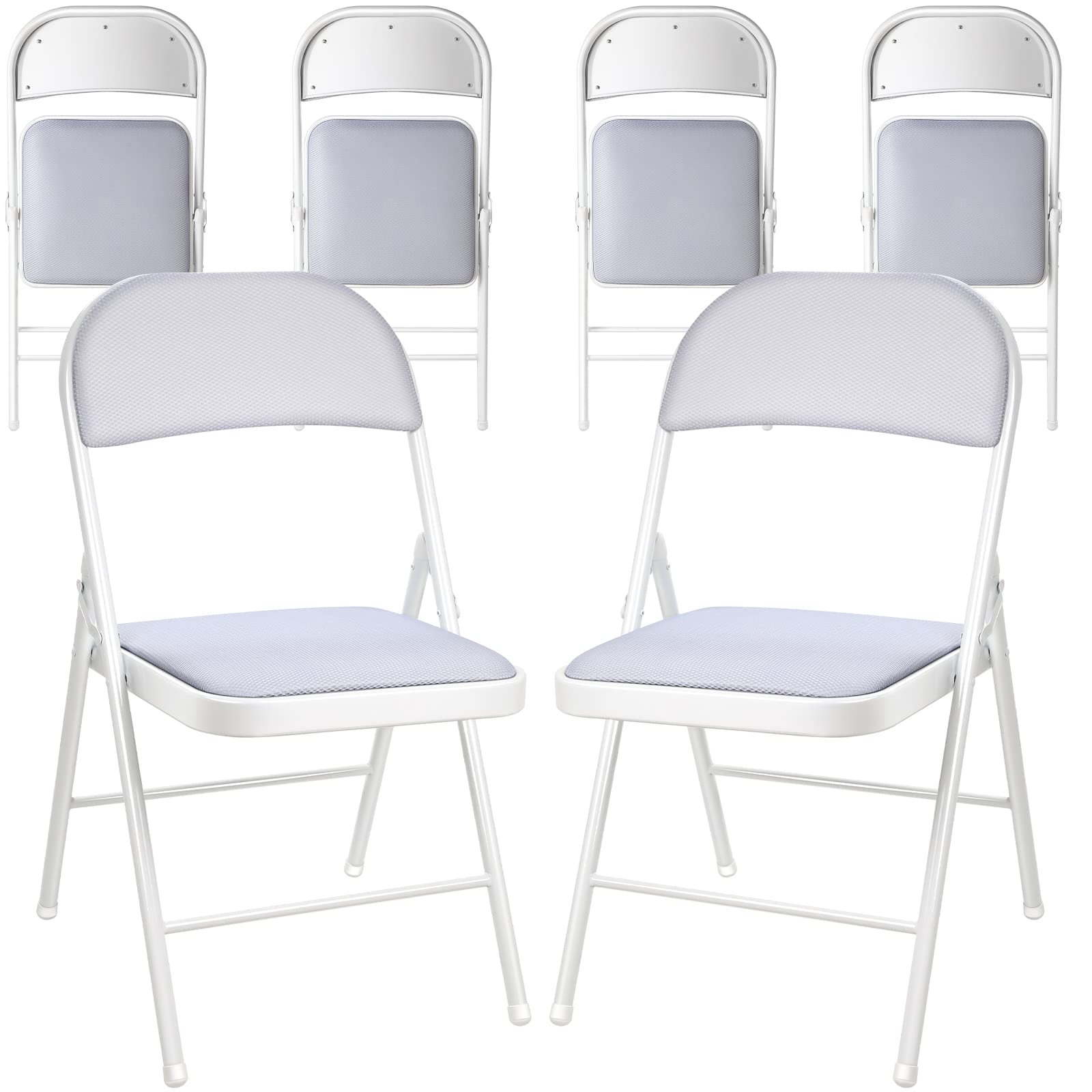 6 Pack Folding Chairs with Padded Cushions and Back Metal Frame Foldable Chairs with Padded Seats Portable Commercial Seat for Office Indoor Outdoor Meeting Wedding Party Event (White, Grey)