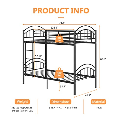 Alohappy Metal Bunk Beds Frame Twin Over Twin, Convertible Into 2 Individual Metal Bed Frame, Removable Ladder & Safety Guard Rail (Black)