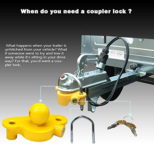 GOHAWKTEQ Universal Coupler Lock Universal Coupler Trailer Hitch Security Lock Adjustable Storage Security Heavy-Duty Steel fits 1-⅞", 2", and 2-5/16" couplers Replaces#72783