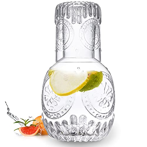 Bedside Water Carafe and Glass Set 33oz Vintage Nightstand Glass Carafe with Cup Mouthwash Water Decanter - Drink Water at Night and Keep Water Fresh (Clear)