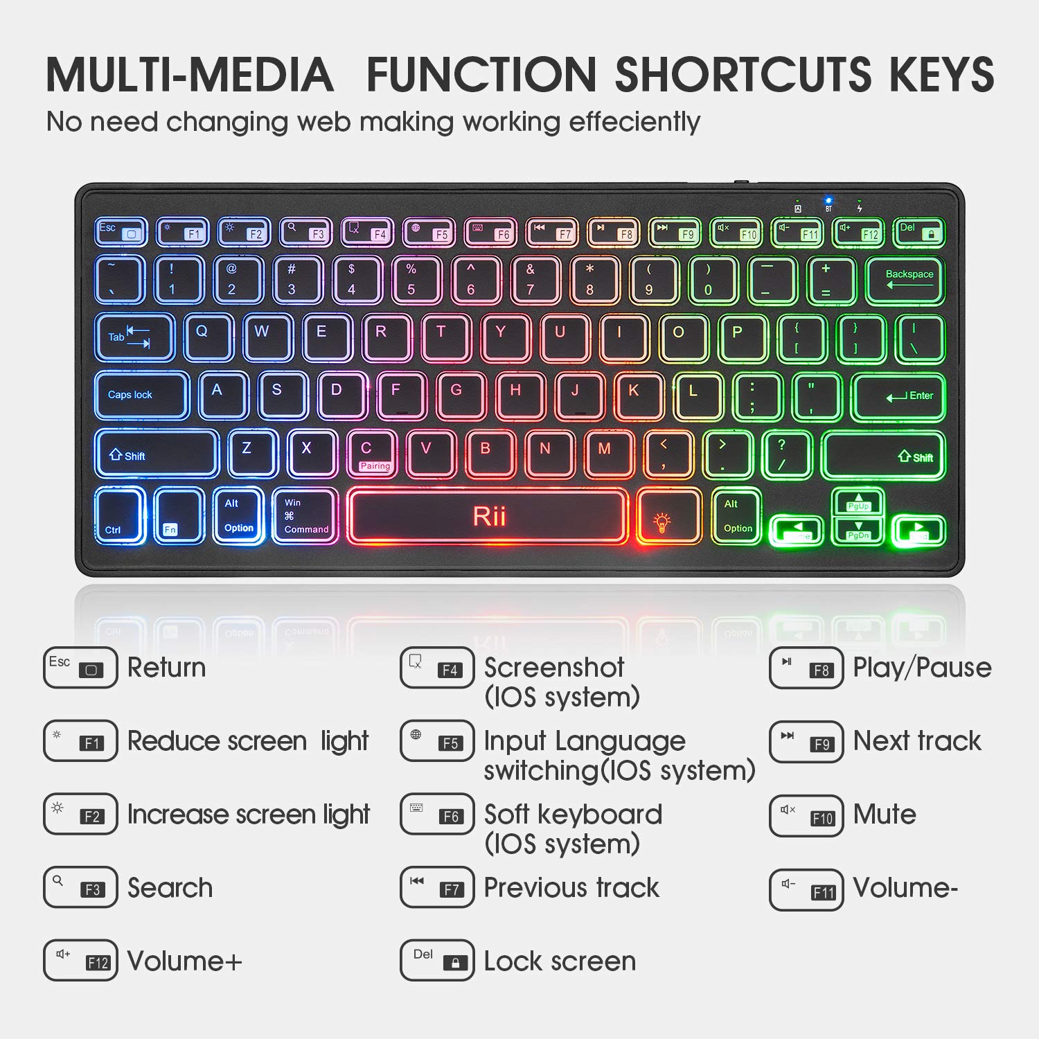 Rii Bluetooth 4.0 Wireless Multiple Color Rainbow LED Backlit Keyboard With Rechargeable Battery For iOS Android and Windows Tablet PC Laptop Notebook MacBook