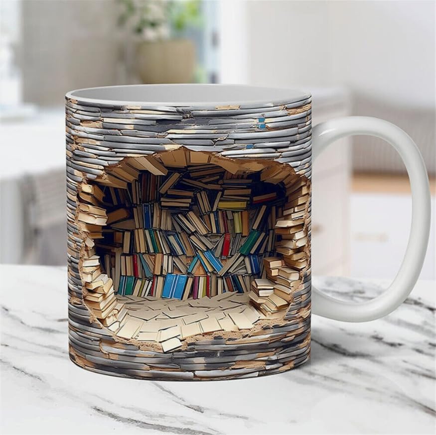 3D Bookshelf Mug, Creative Space Design Multi-Purpose Ceramic Mug,A Library Shelf Cup,3D Bookshelves Hole in A Wall Mug, (Gray)